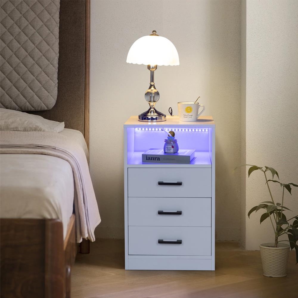 Nightstand with Charging Station and LED Light Strips, White Nightstand ...