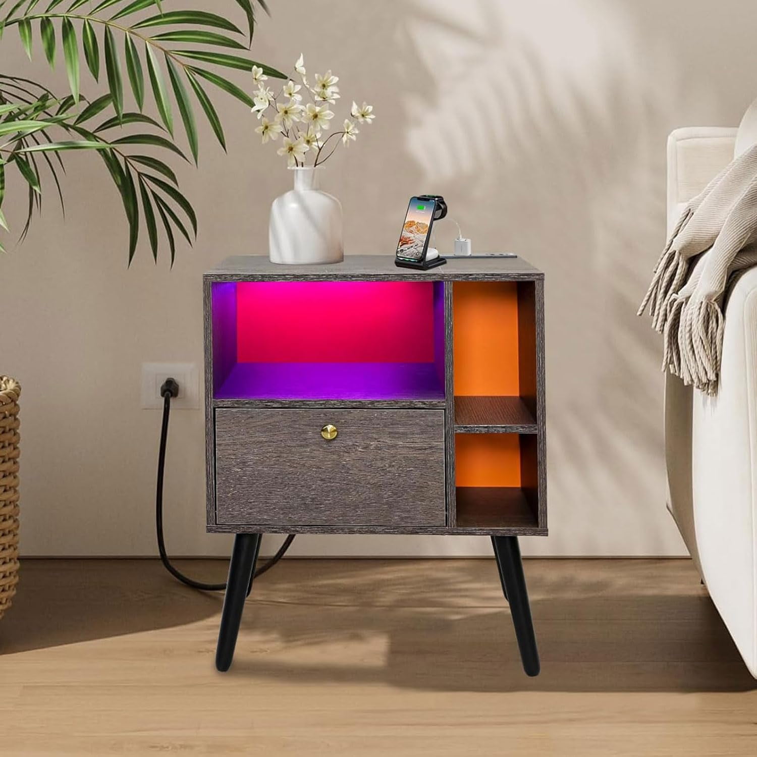 Nightstand with Charging Station and LED Lights, Bedside Table with ...
