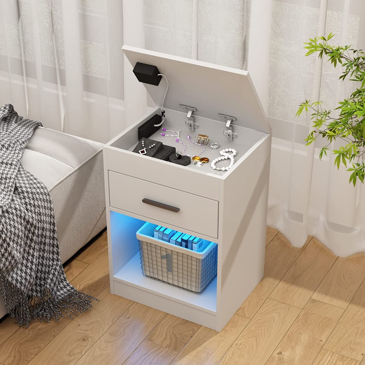 LED Nightstand with Strip Charger, USB Ports, Power Outlets, RFID Lock ...
