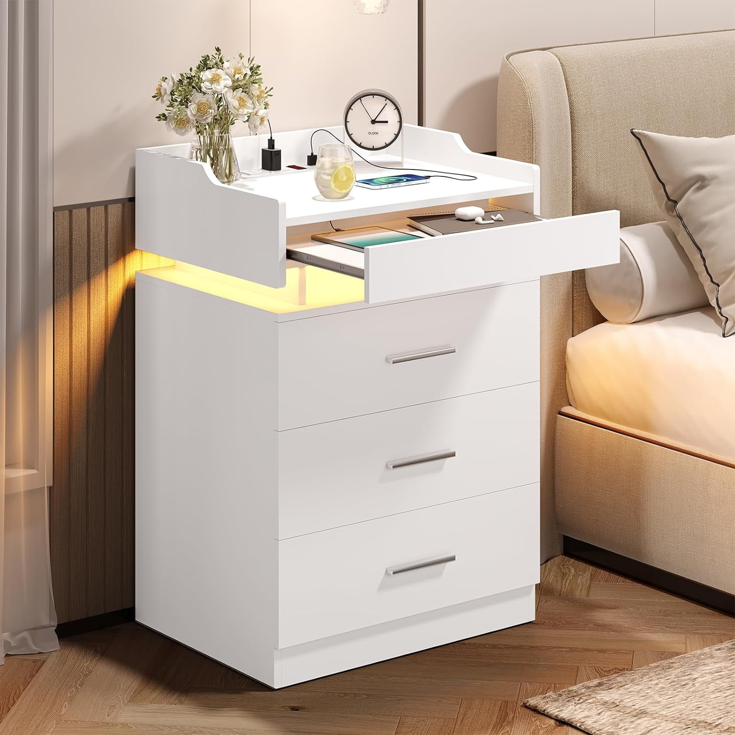 Nightstand with Charging Station and LED Lights,Night Stand with 3 ...