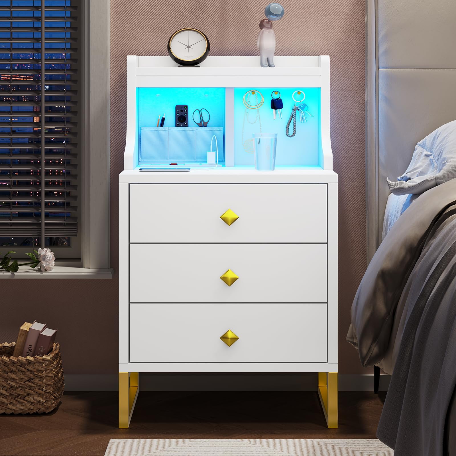 Modern White Nightstand with Charging Station, LED Light, 3 Drawers ...