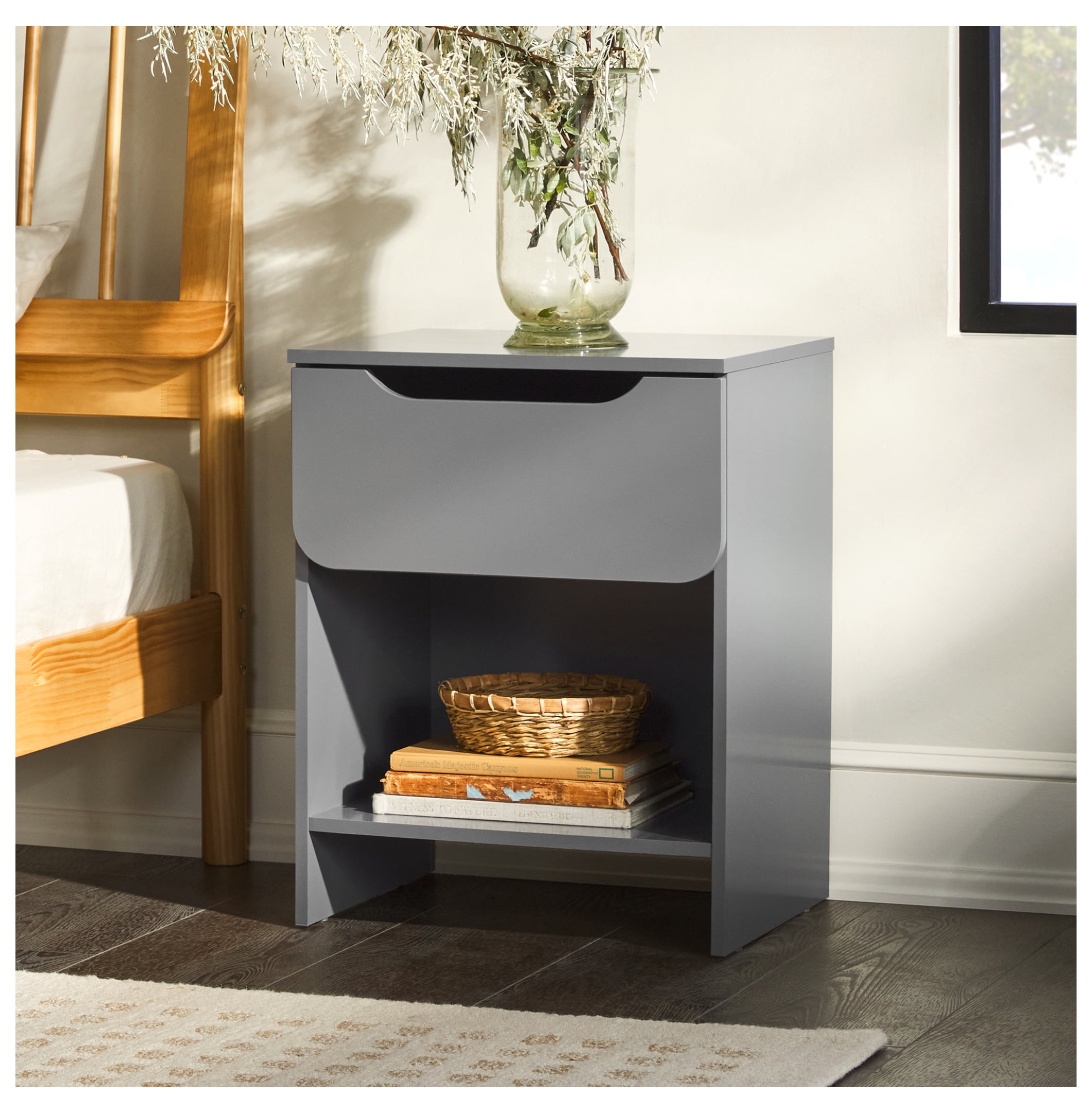 Nightstand with Drawer & Cubby - Modern Minimalist Bedside Table - Dark ...