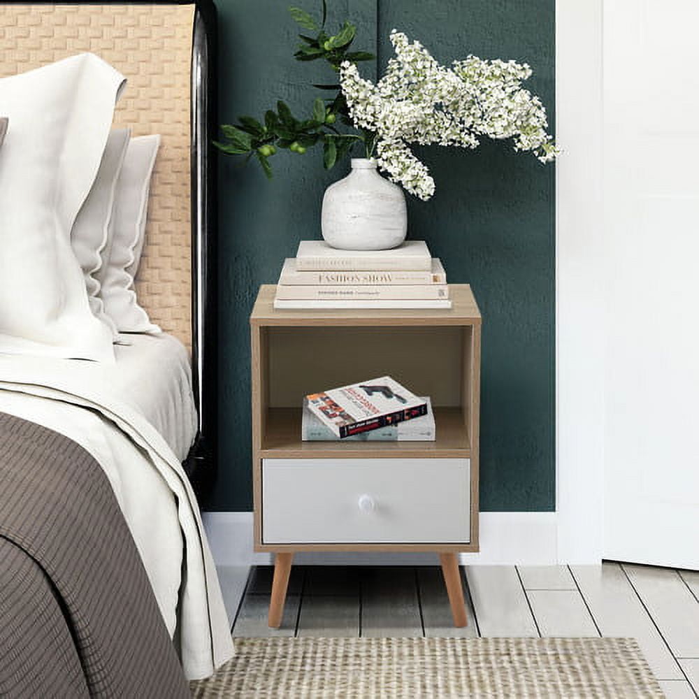 Nightstand with Drawer and Open Shelf, Bedside Table with Solid Rubber ...