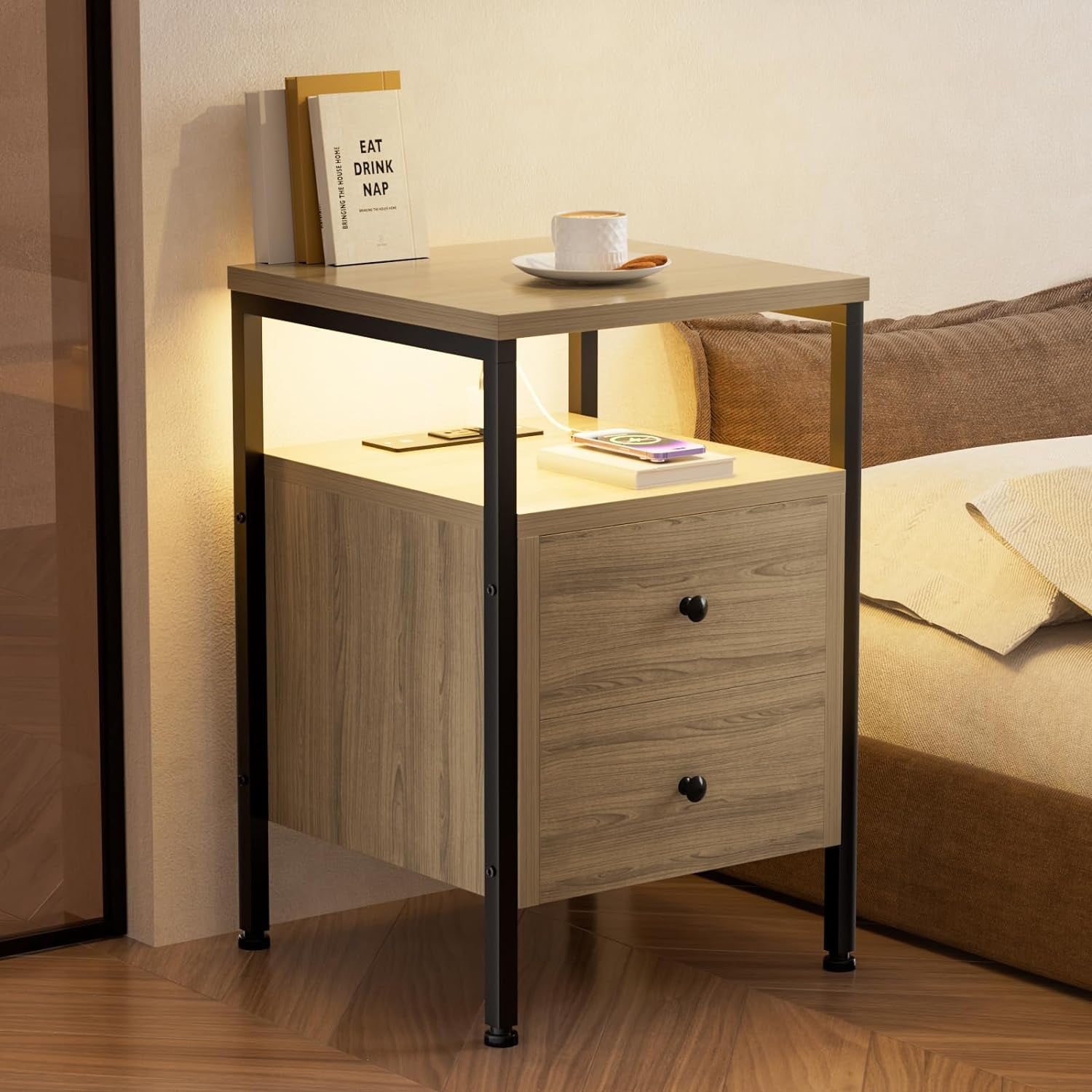 Nightstand with LED Light, Charging Station, 2 Deep Drawers & Shelves ...