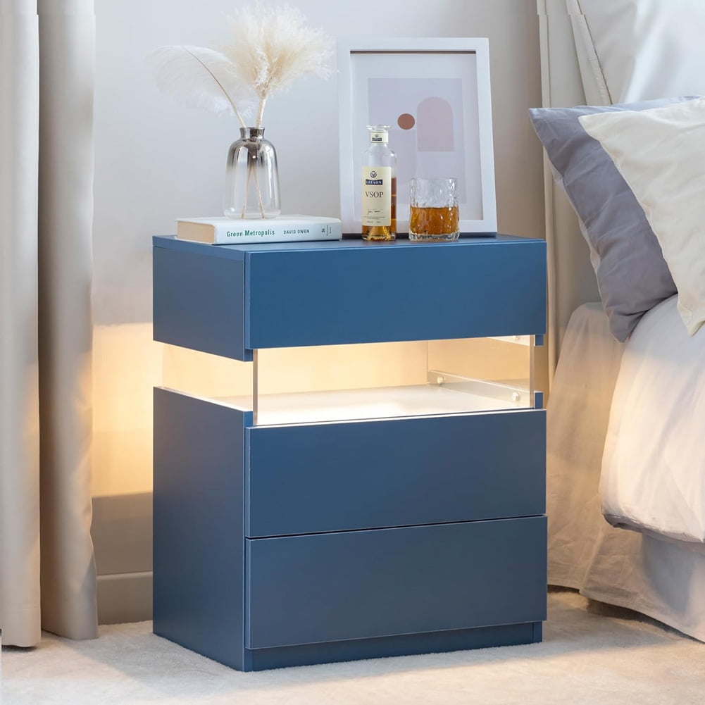 Nightstand with LED Light, Modern Wooden Bedside Tables With 3 Storage ...