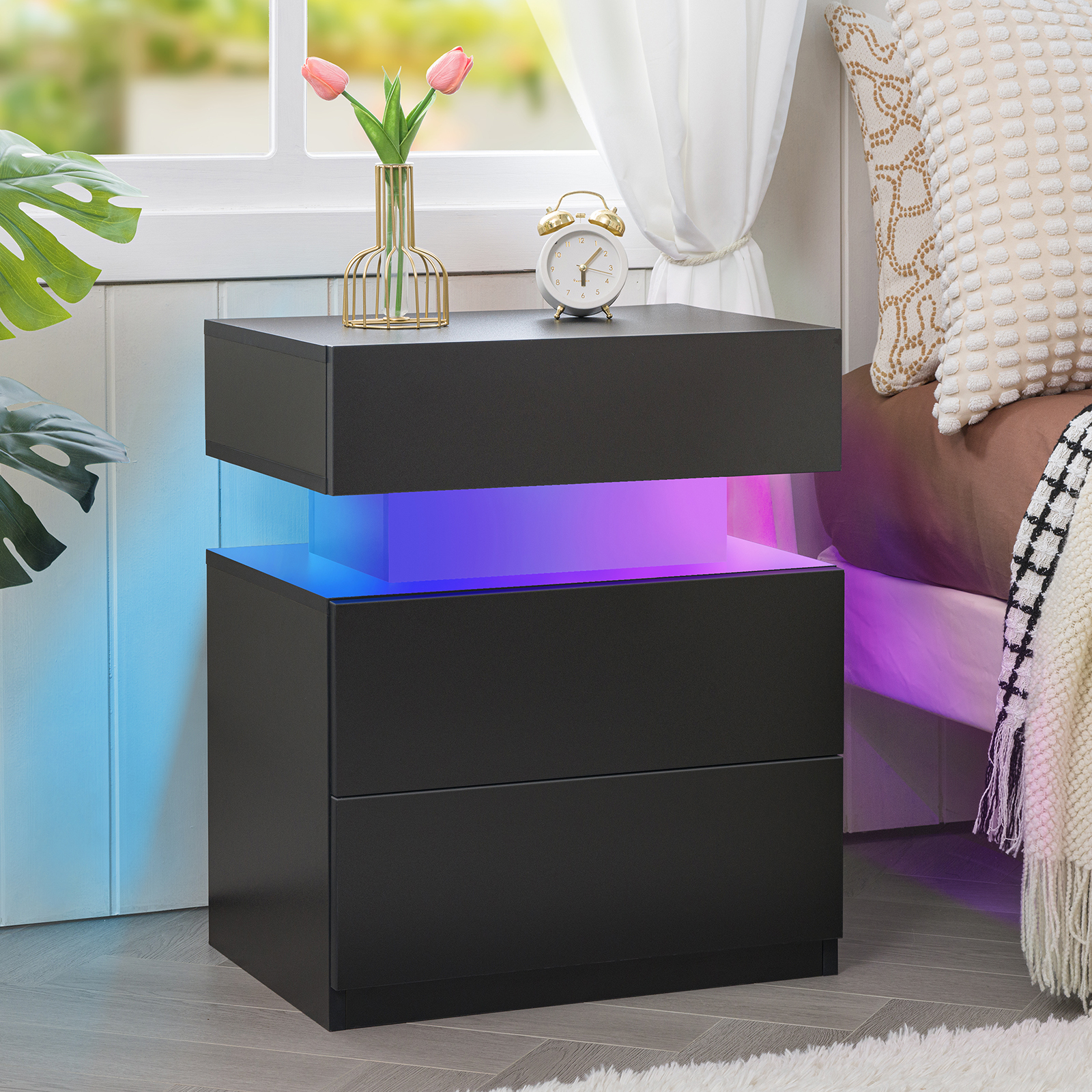 Nightstand with LED Lights, Adjustable Light Colors, Bedside Table ...