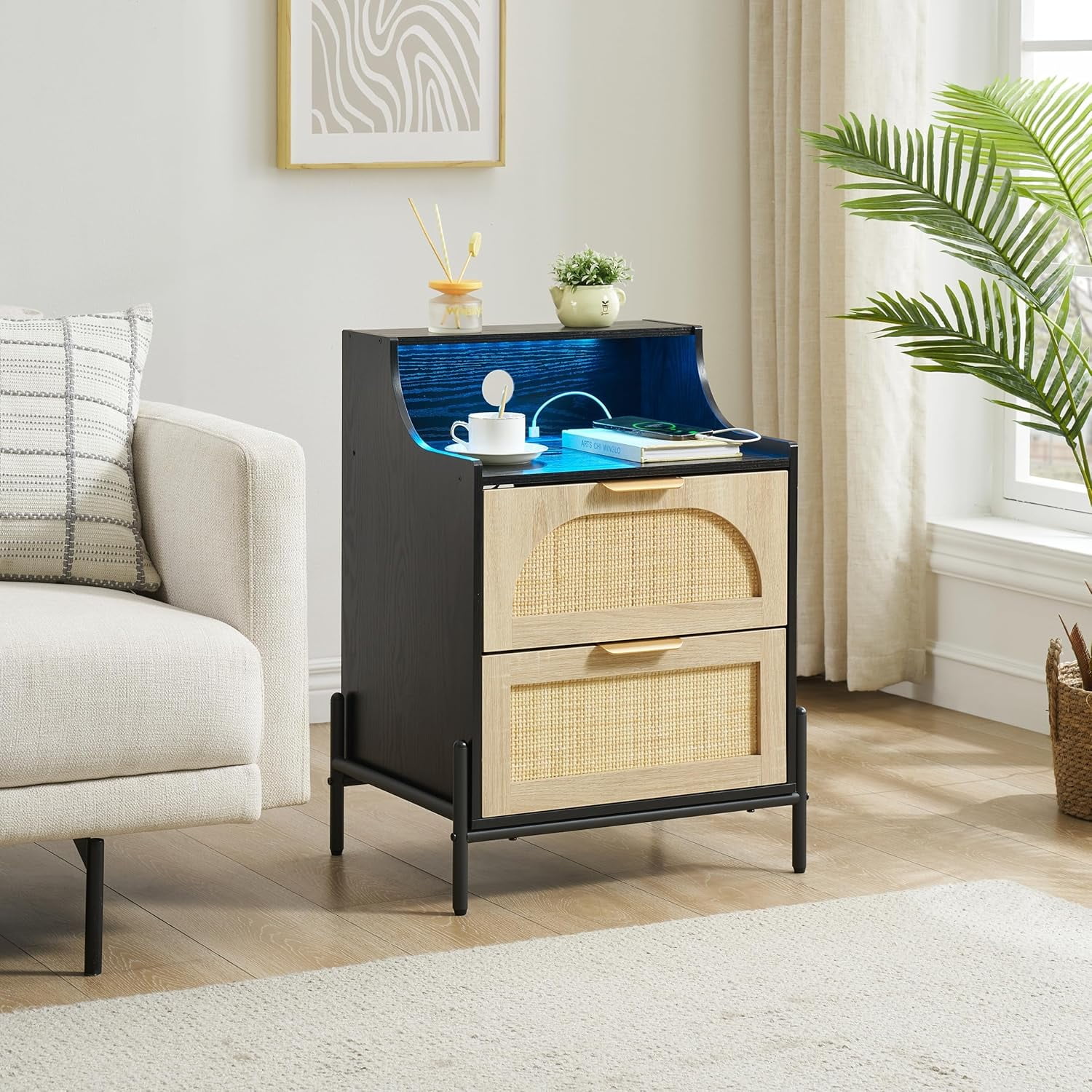 Nightstand with LED Lights, Black Night Table, Bedside Table with 2 ...