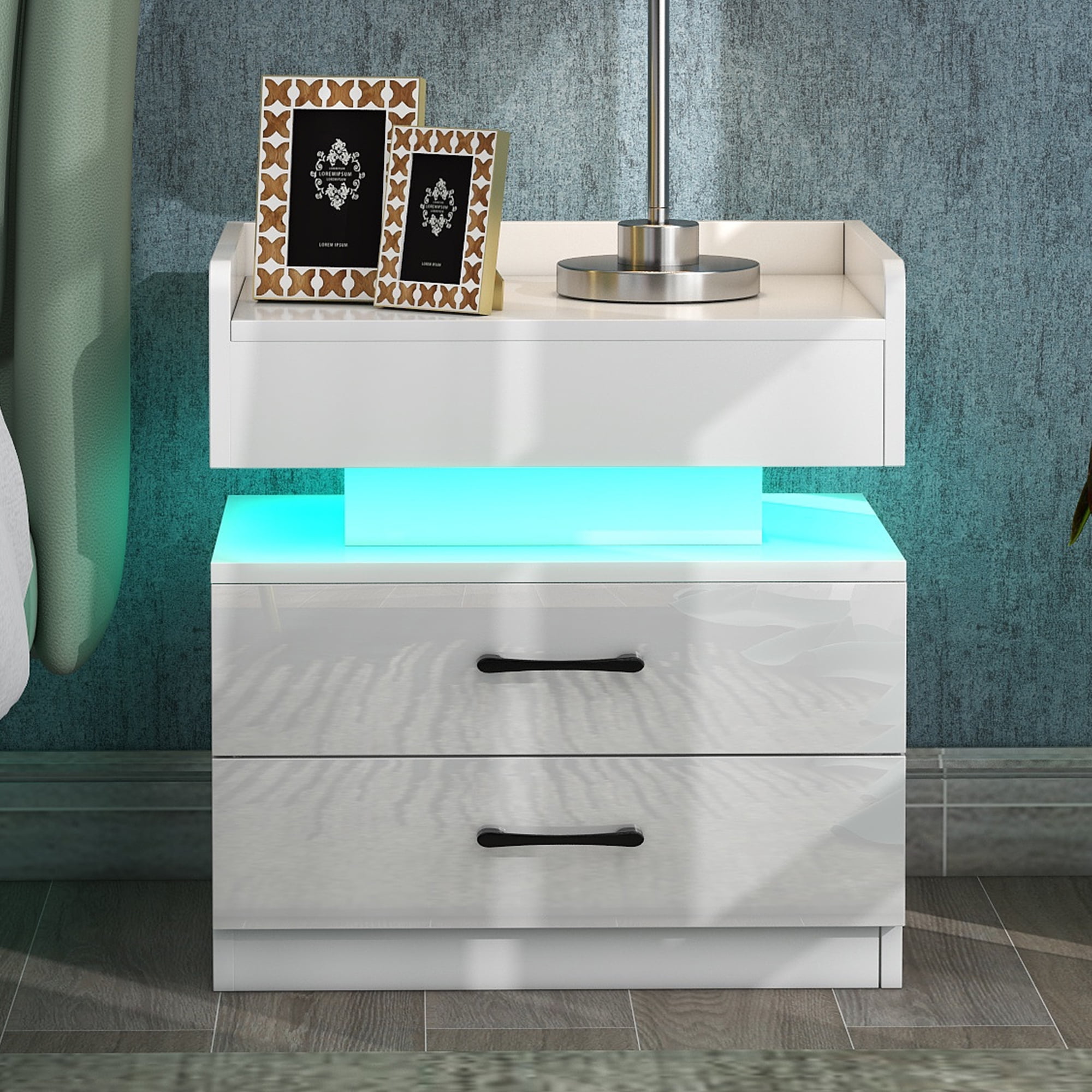 Nightstand with LED Lights, Charging Station and 2 Drawers, LED Bedside ...