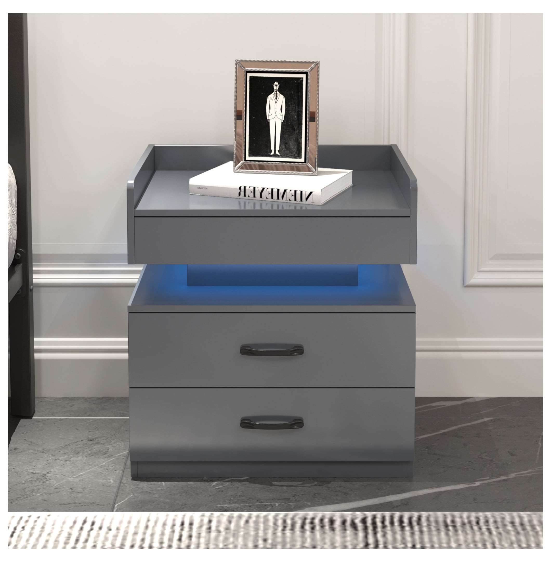 Nightstand with LED Strip Light, 2-Drawer Bedside Table, Large Storage ...