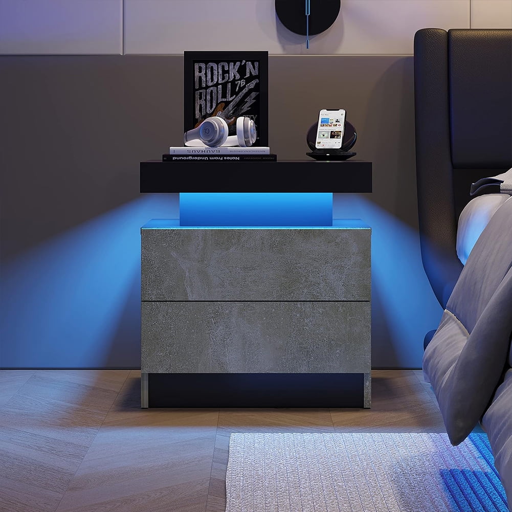 Nightstand with Light Strip Modern LED End Table Nightstand Storage ...