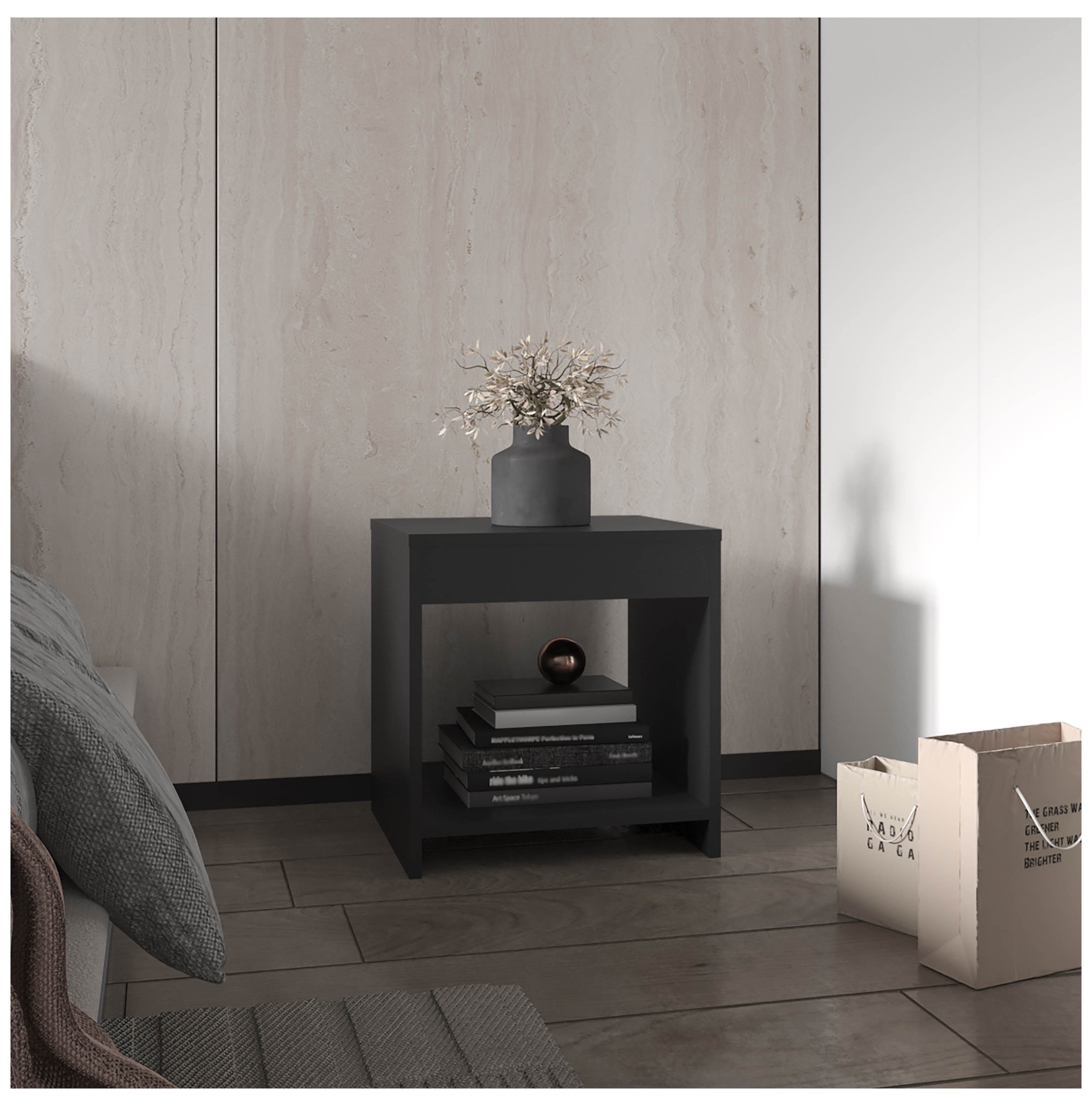 Nightstand with Open Shelf, 16.5" Minimalist Bedside Table - Compact ...