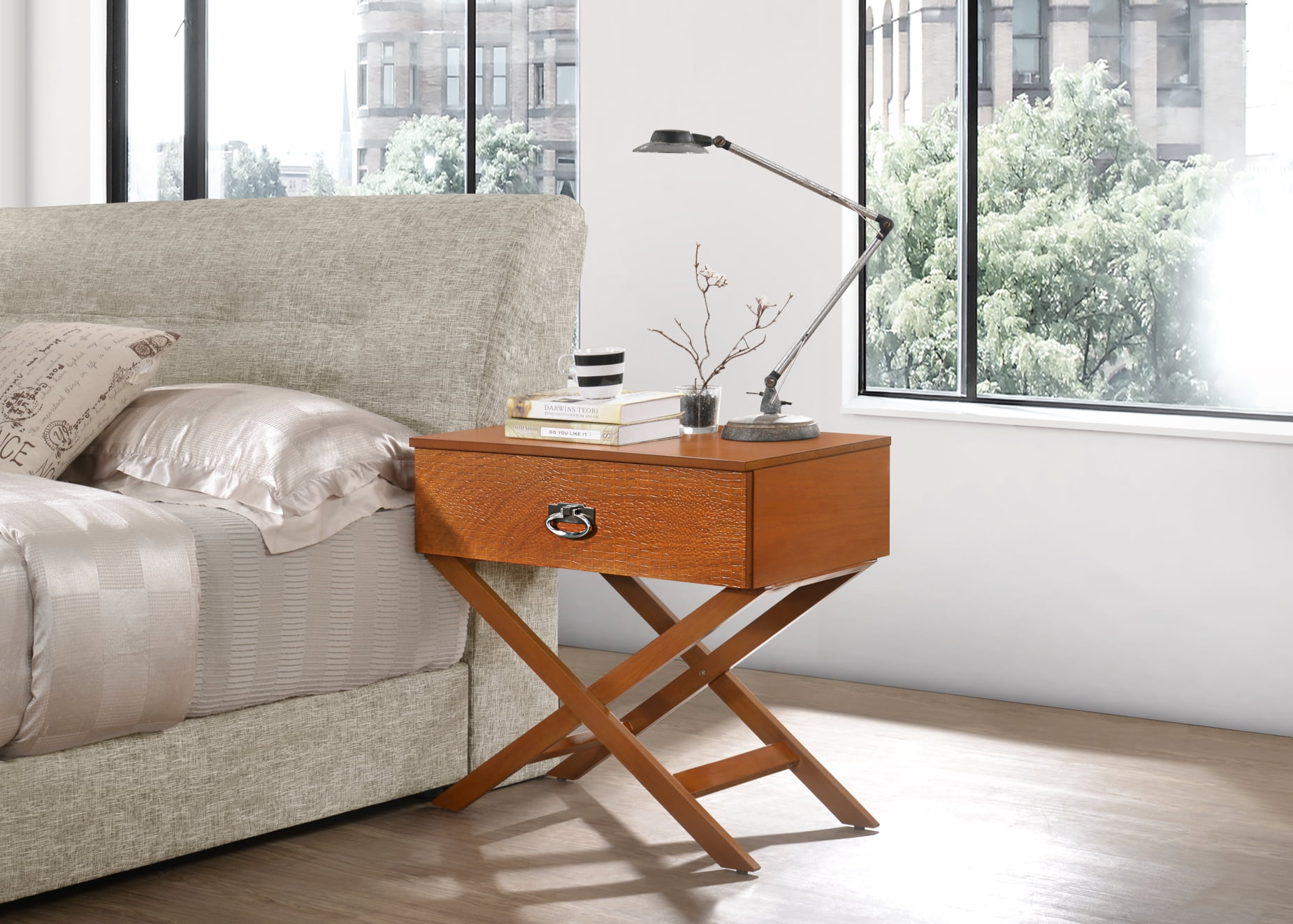 Nightstand with Storage Drawer,Square Side Table Bedside Table with X-Leg,Wooden End Table for ...