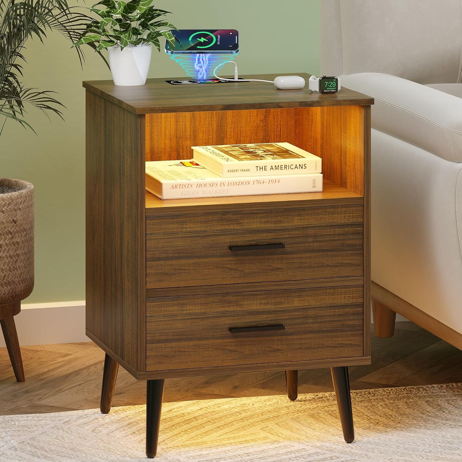 Nightstand with Wireless Charging Station Smart Bedside Tables LED 15.7 ...