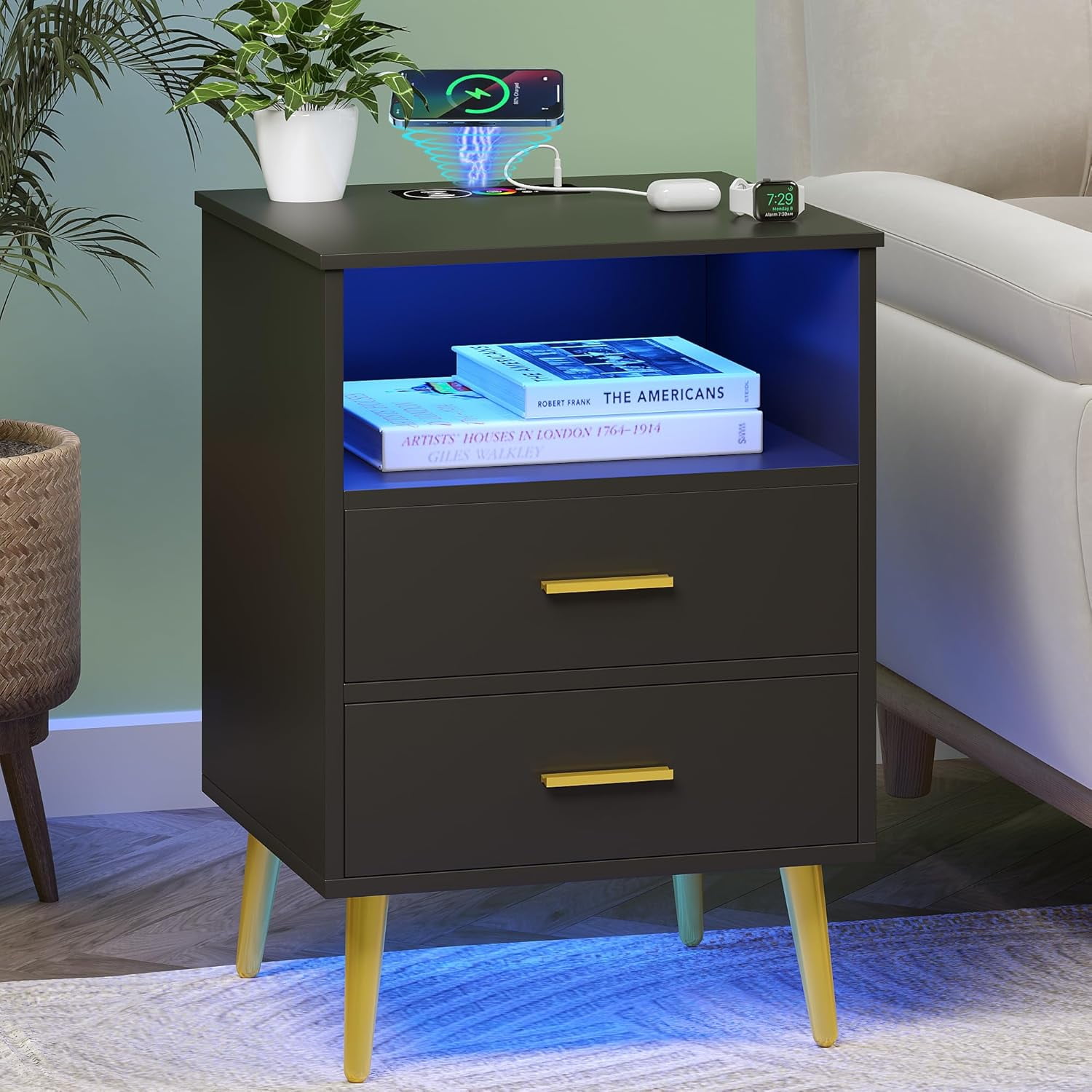 Nightstand with Wireless Charging Station and LED Lights, Modern ...