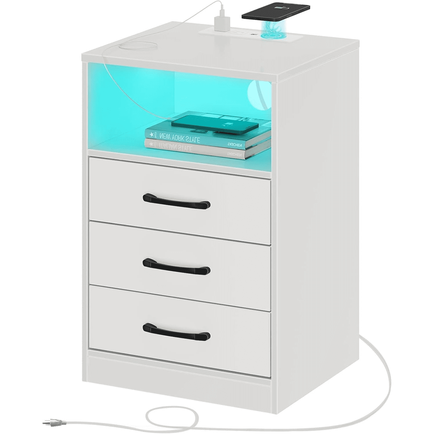 Nightstand with Wireless Charging Station and LED Lights, Modern End ...
