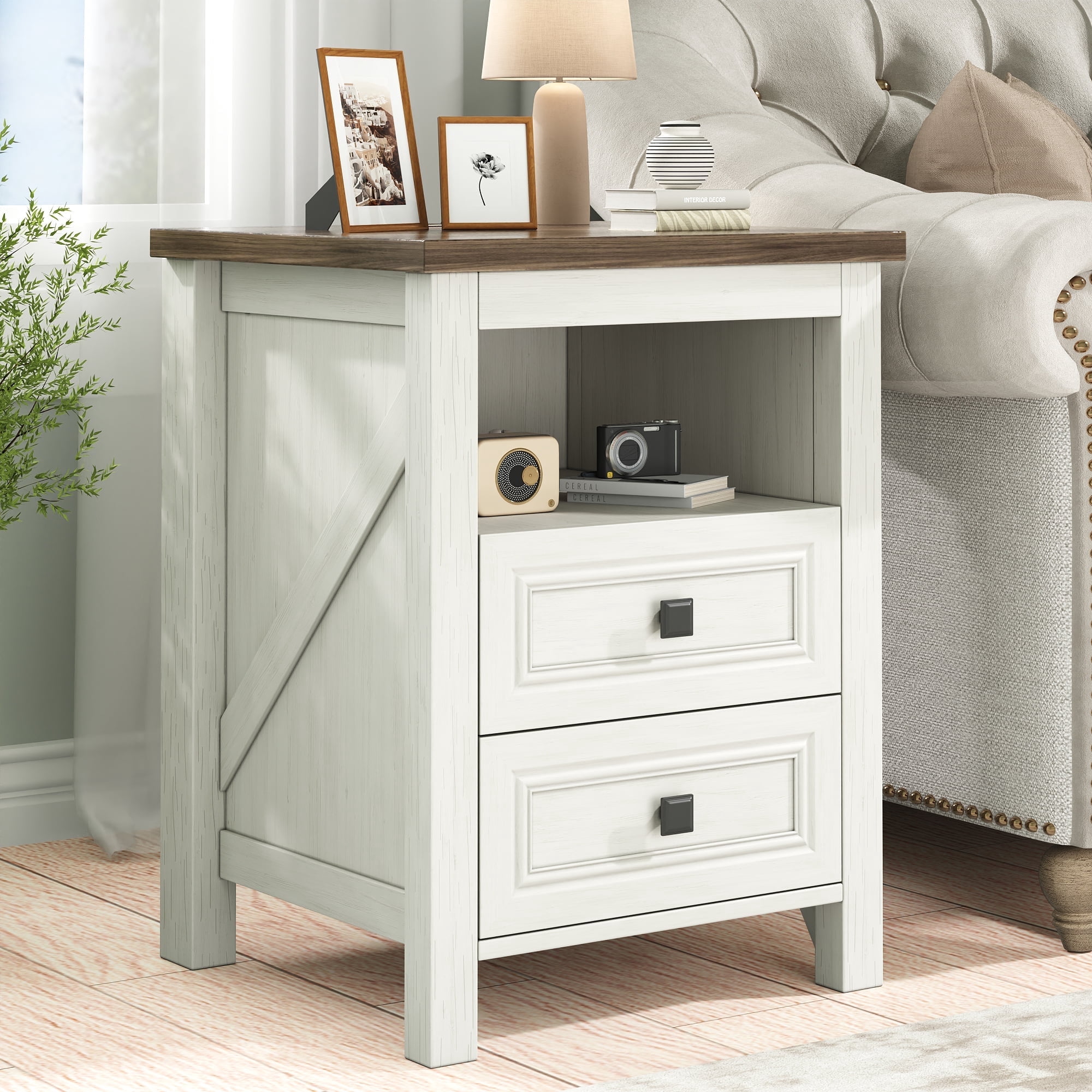 Nightstand with charging station, Rustic Bedside Table with 2 Drawers ...