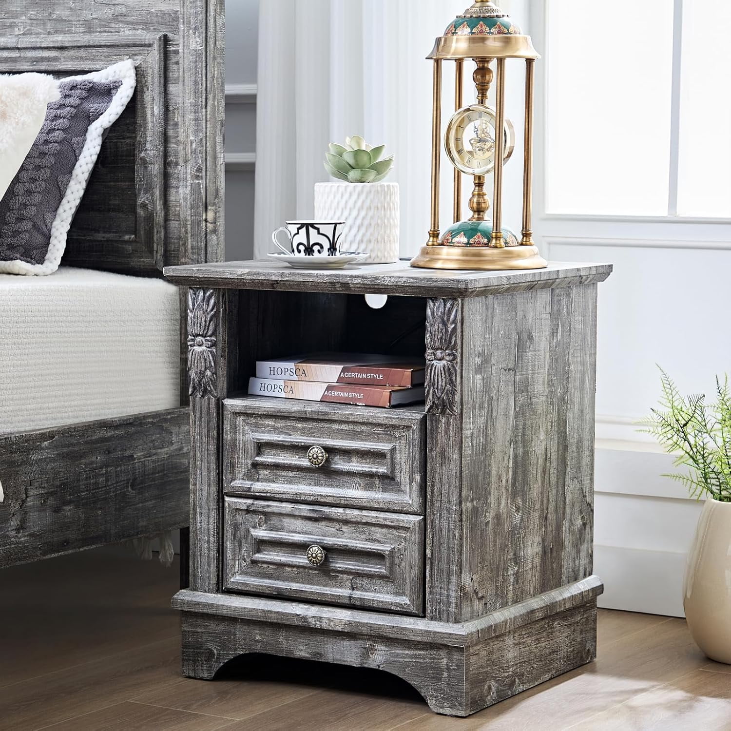 Nightstand wtih Charging Station, 20" End Table with 2 Drawers ...