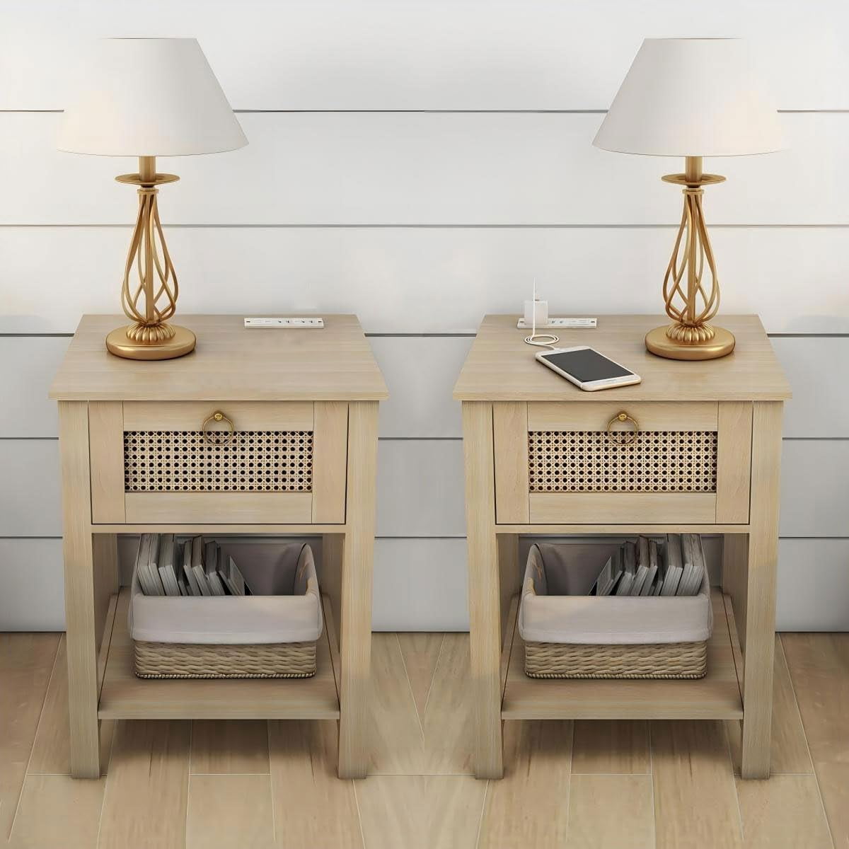 Nightstands，360° Rotating Bedside Table with Drawer and LED Light ...