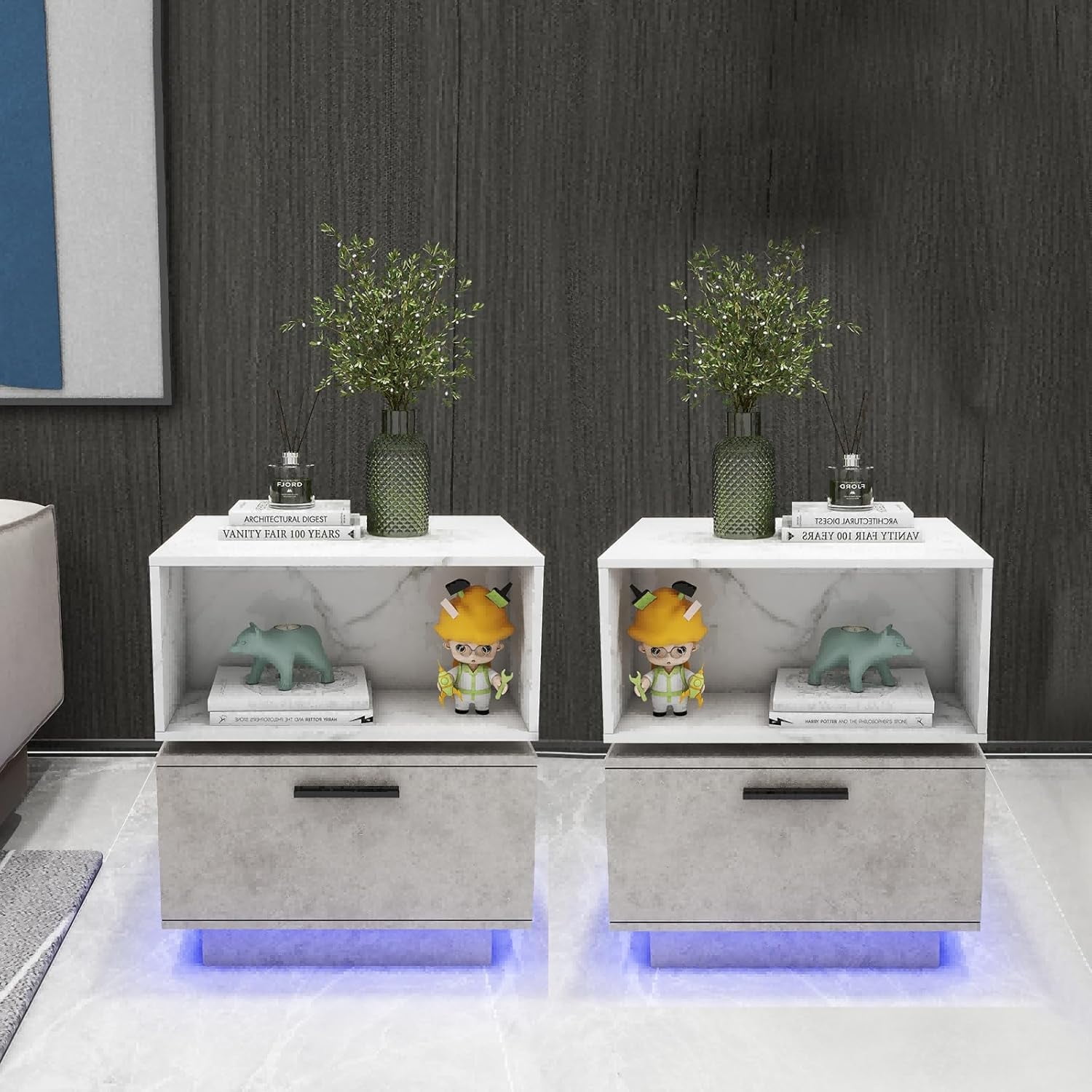 QLJJSD 360° rotating bedside table with drawers and LED lights, bedside ...