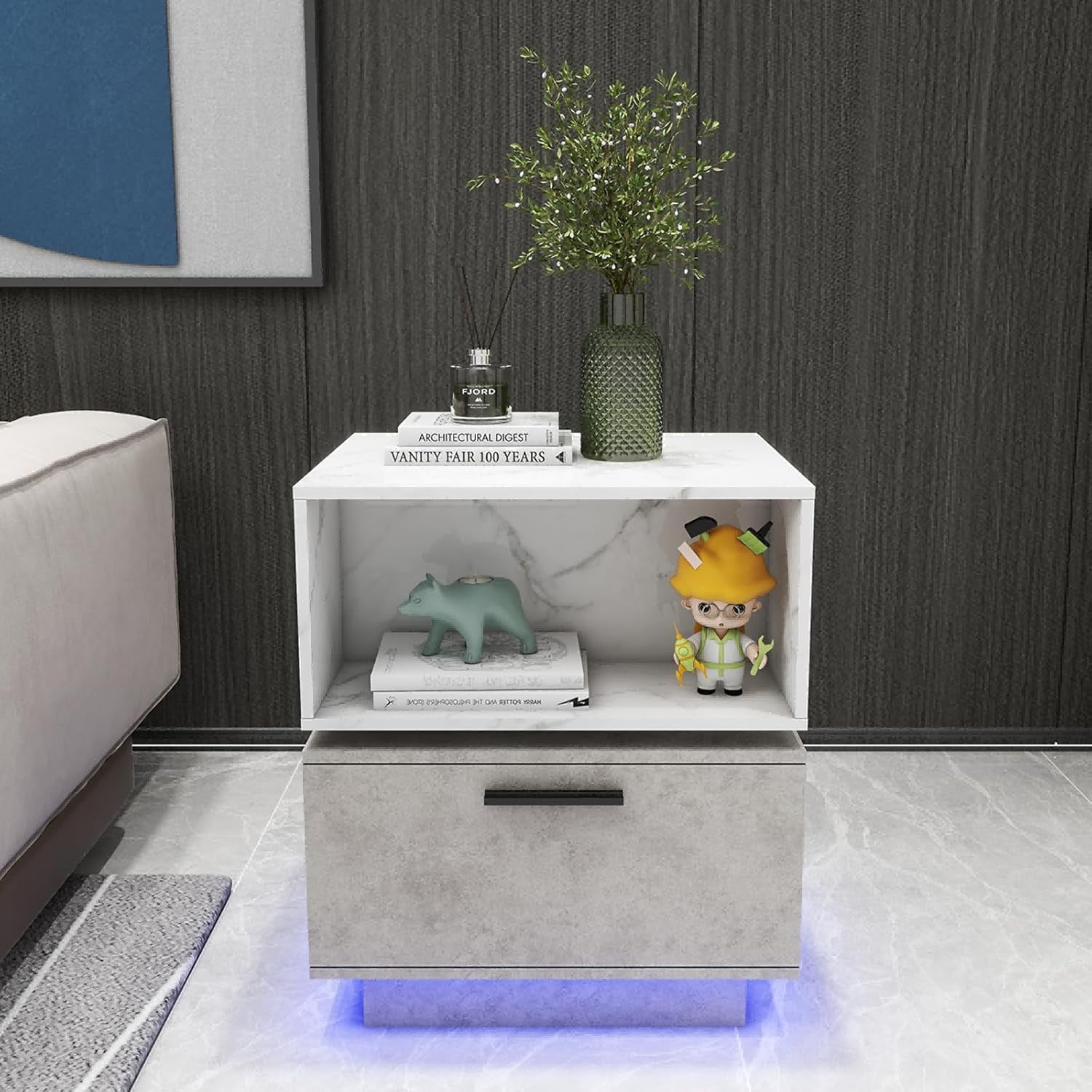 Nightstands 360° Rotating Bedside Table with Drawer and LED Light, Modern Simple Night Stand ...