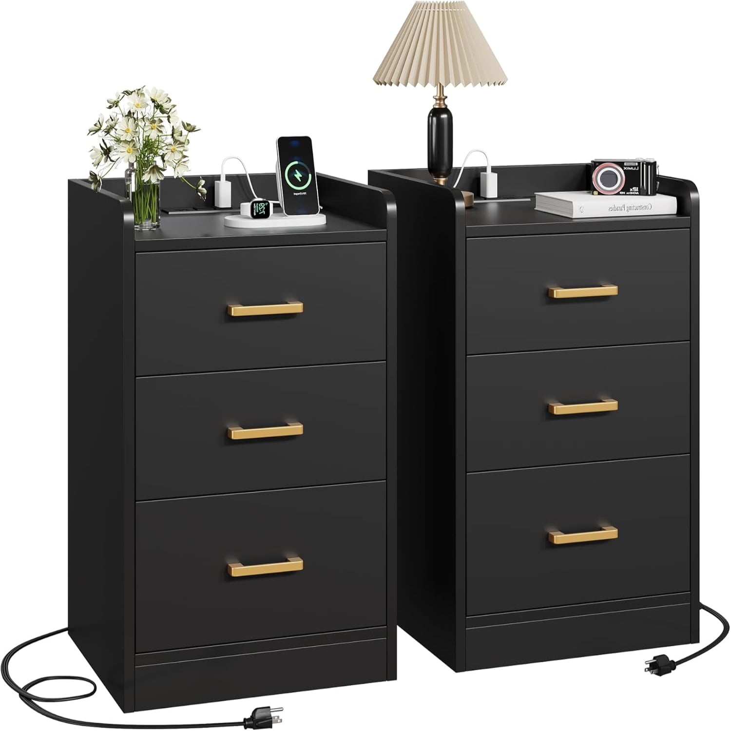 Nightstands Black Nightstand with Charging Station 3 Drawer Nightstand ...