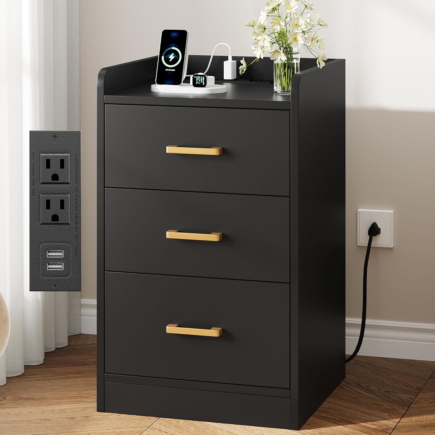 Nightstands Black Nightstand with Charging Station 3 Drawer Nightstand ...