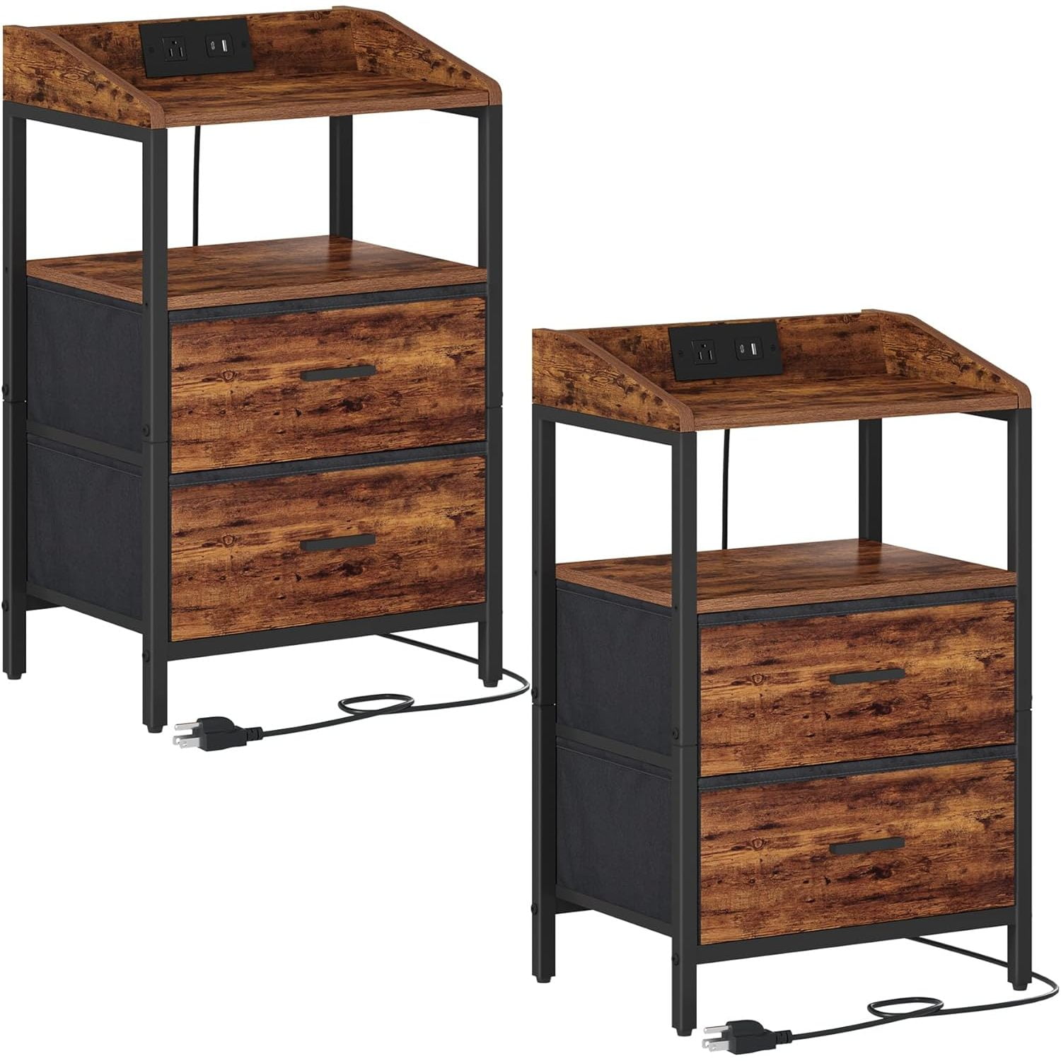 Nightstands with Charging Station, End Table with 2 Fabric Storage ...