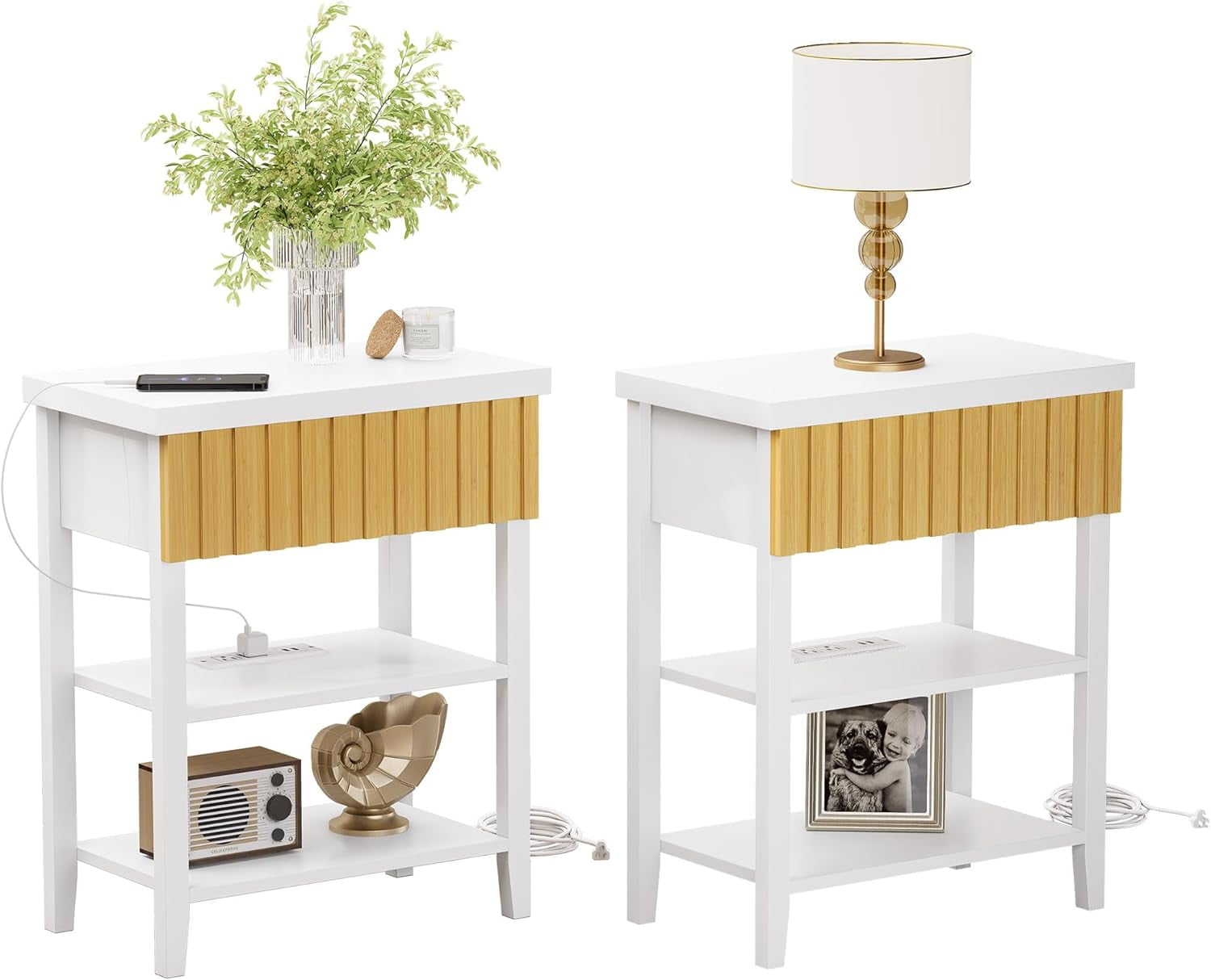 Nightstands with Charging Station,Set of 2,Bedside Tables with Fluted ...