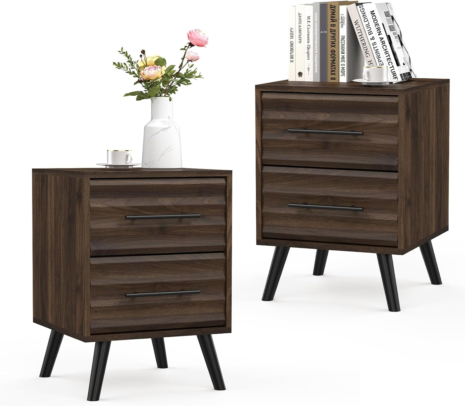 Nightstands, Fluted Nightstands with Drawer Storage, Mid Century Bed ...