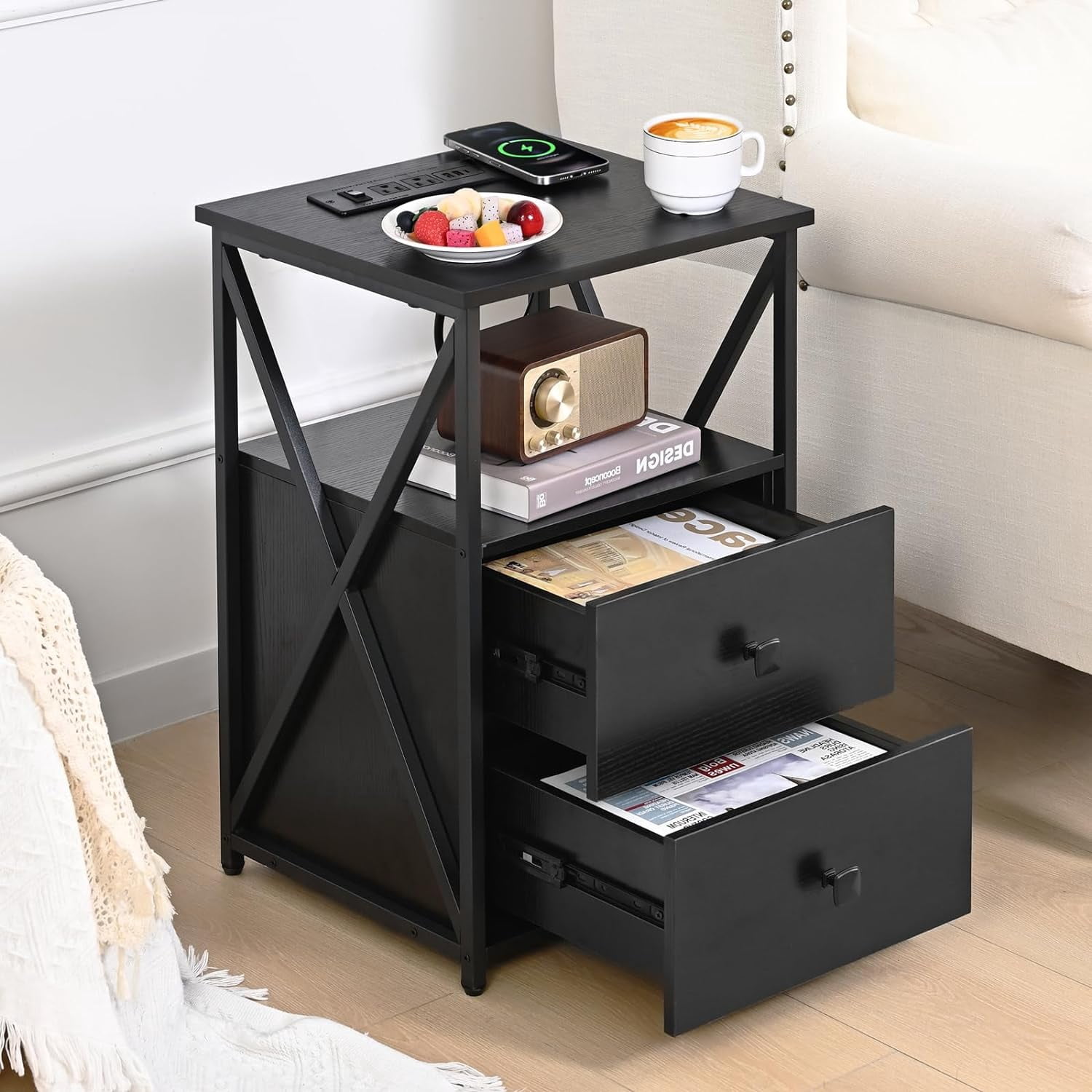 Nightstands with LED Night Stand with Charging Station Black End Tables ...