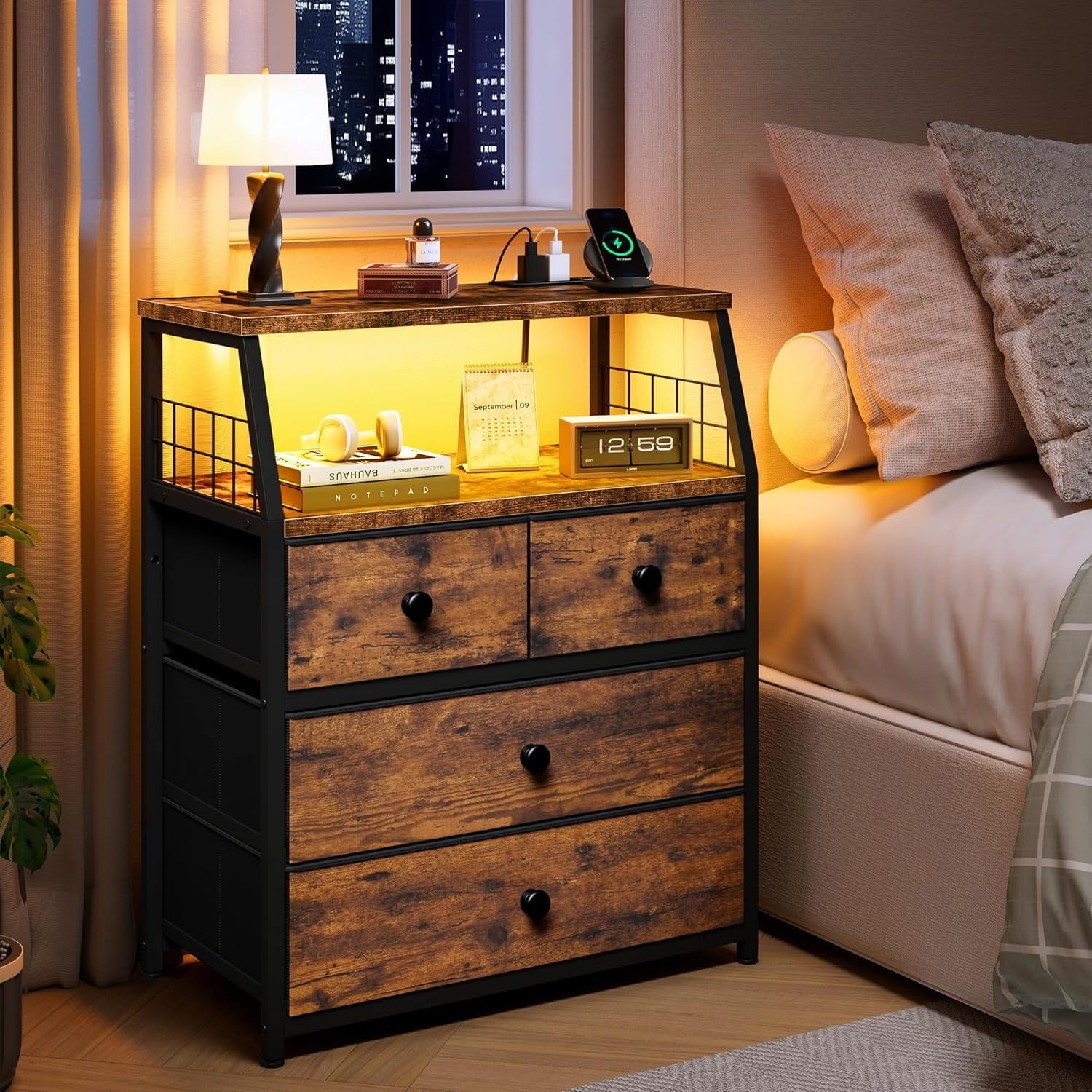 Nightstands Nightstand with Charging Station & LED Lights Night Stand ...