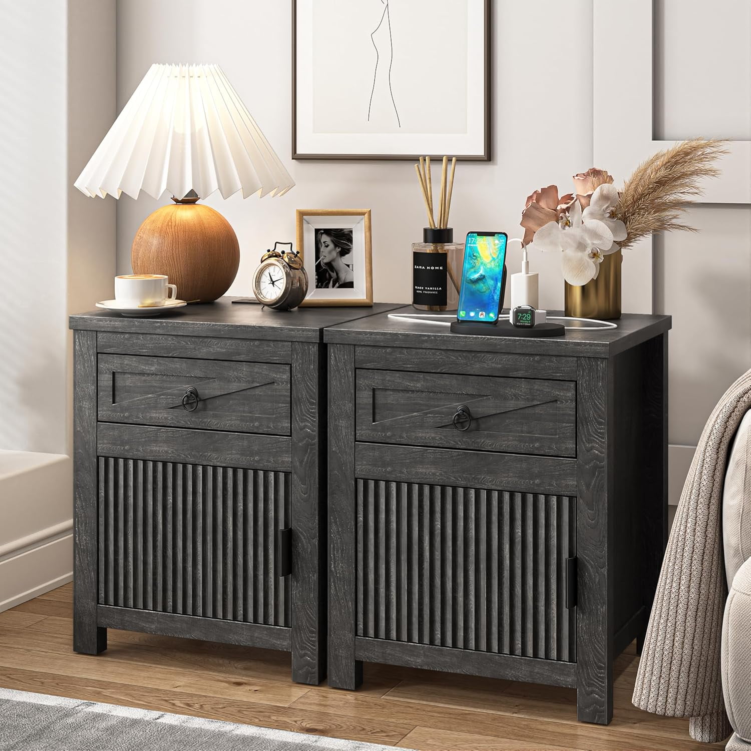 Nightstands Set of 2, Black Fluted Nightstand with Charging Station, a ...