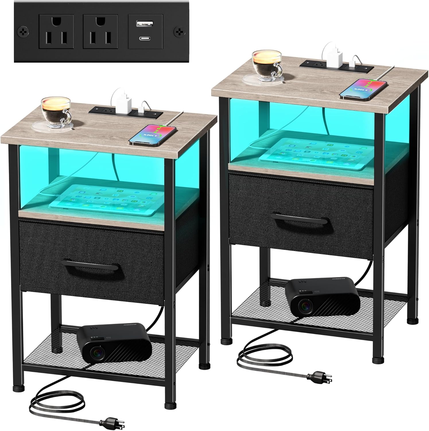 Nightstands Set of 2 with Charging Station and Drawer, End Table ...