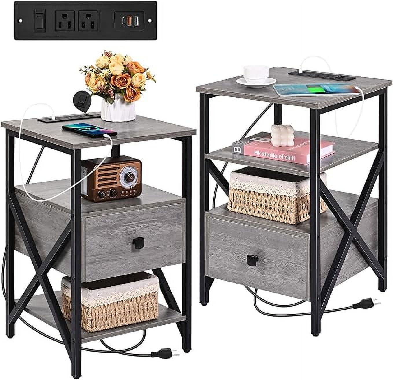Nightstands Set of 2 with Charging Station and USB Ports, Grey Side ...