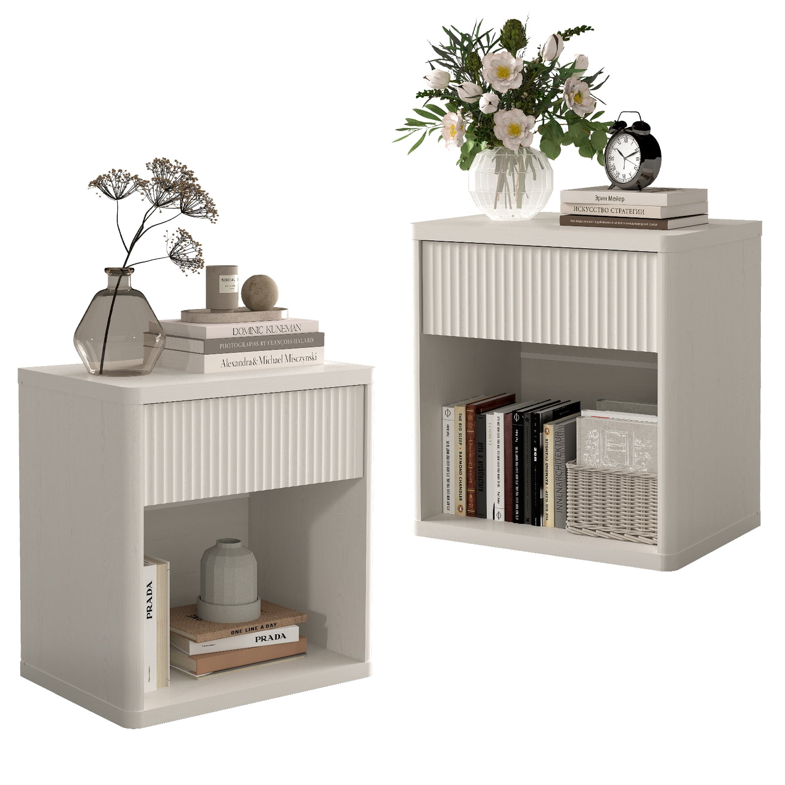 Nightstands Set of 2 with Drawer, Modern Fluted Night Stand, Bed Side ...
