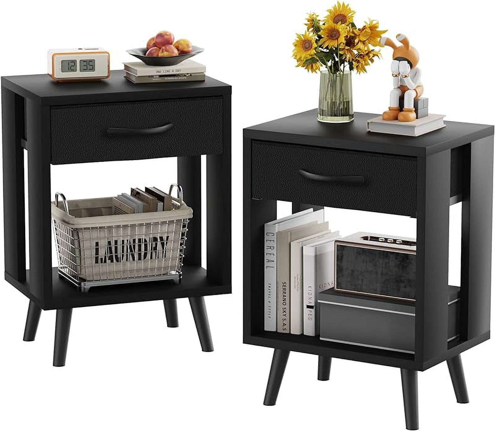 Nightstands Set of 2 with Fabric Storage Drawer and Open Wood Shelf ...