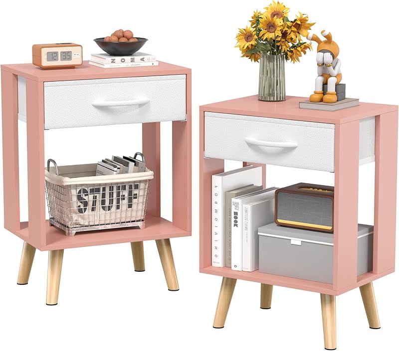 Nightstands Set of 2 with Fabric Storage Drawer and Open Wood Shelf ...