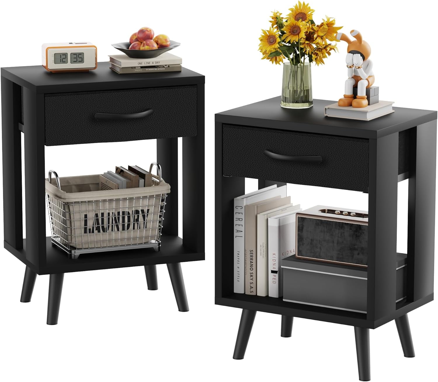Nightstands Set of 2 with Fabric Storage Drawer and Open Wood Shelf ...