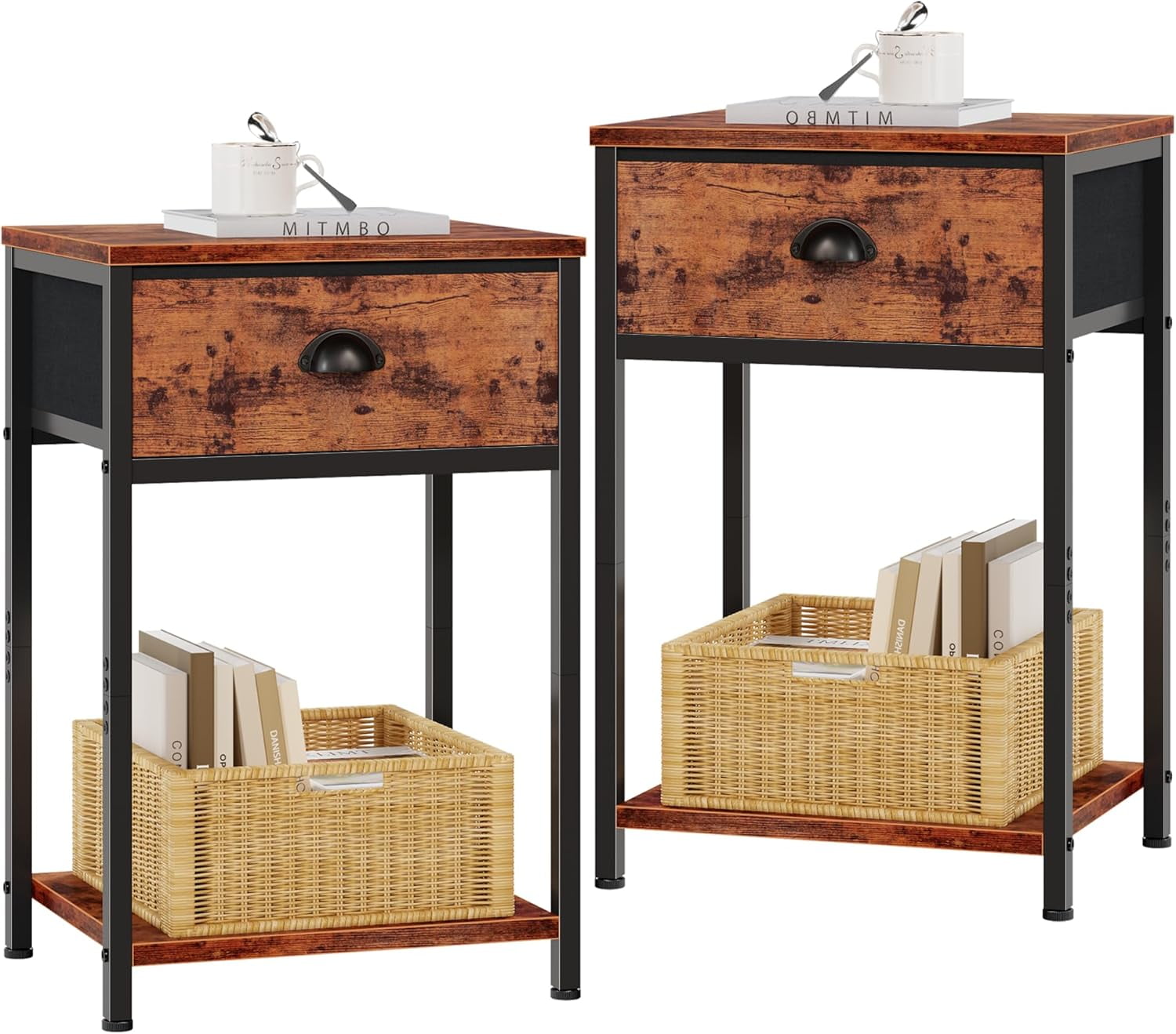 Nightstands Set of 2, Industrial End Table with Fabric Drawer and ...