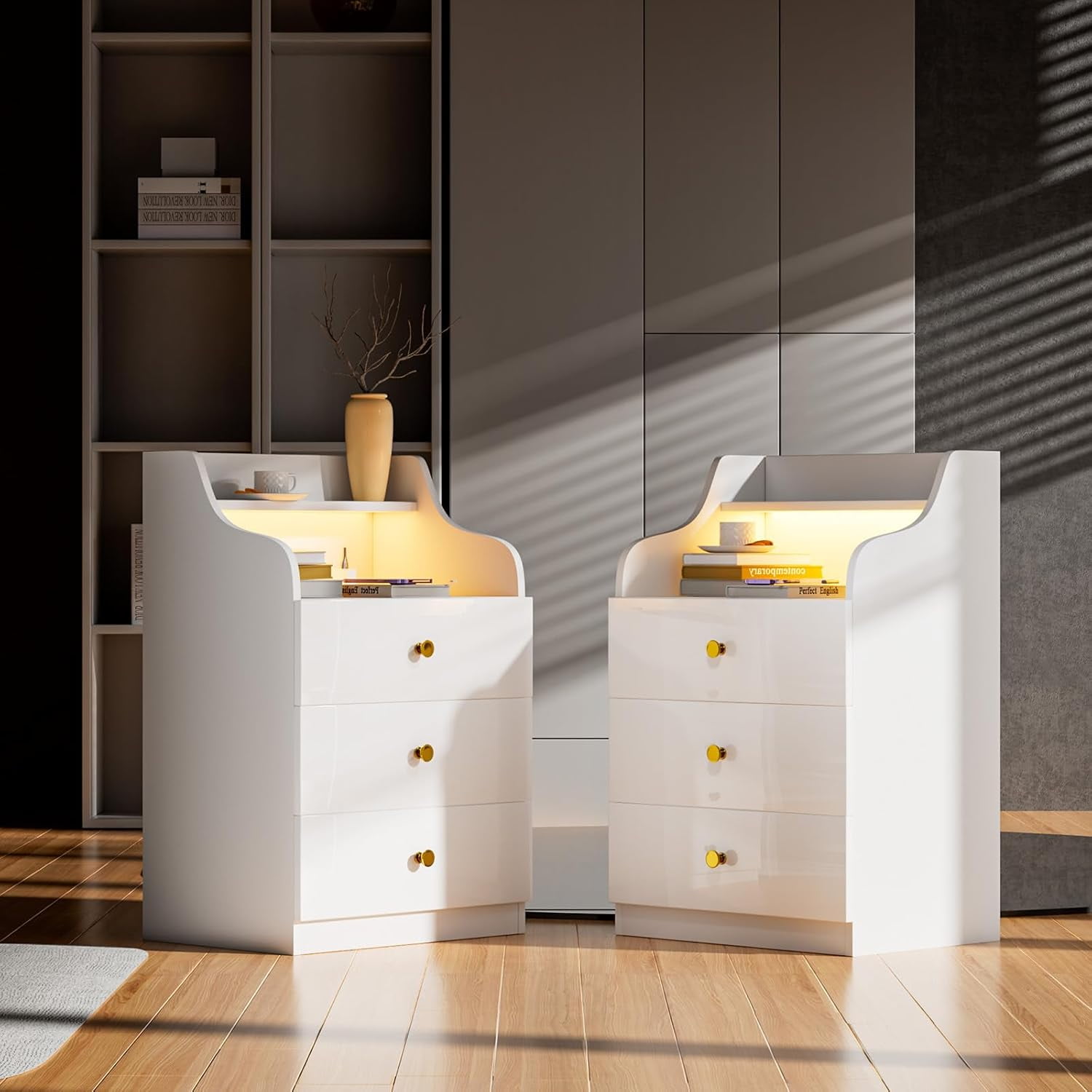 Nightstands Set of 2 with LED Light, Charging Station, 3 Deep Drawers ...