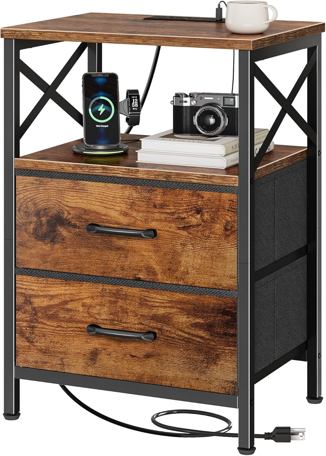 Nightstands Set of 2 Night Stand with Charger Station 2 Drawer Side ...