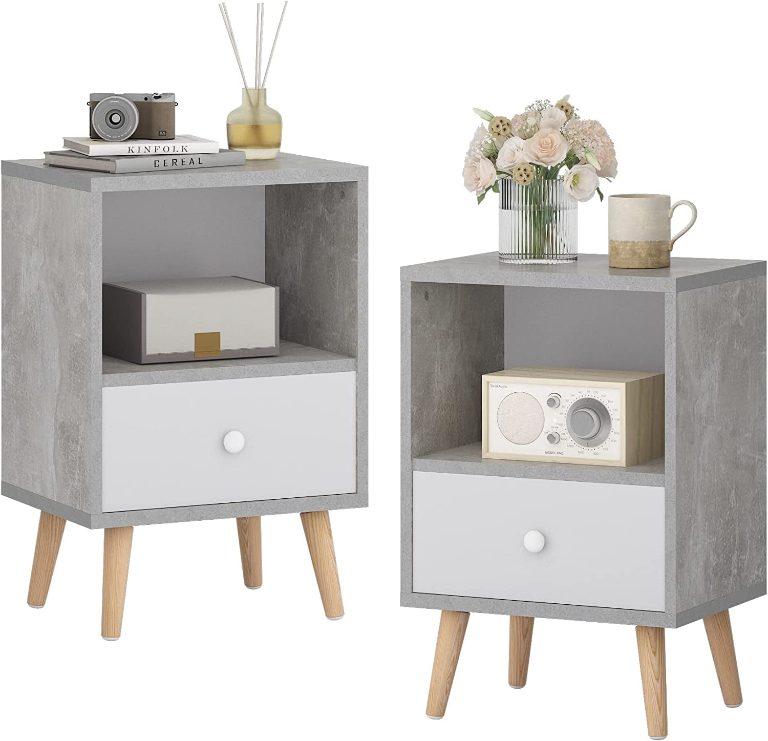 Nightstands Set of 2, Night Stand with Drawer and Open Storage Shelf ...