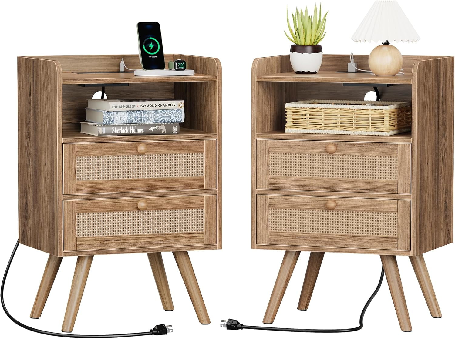 Nightstands Set of 2 Night Stands with Charging Station & PE Rattan ...