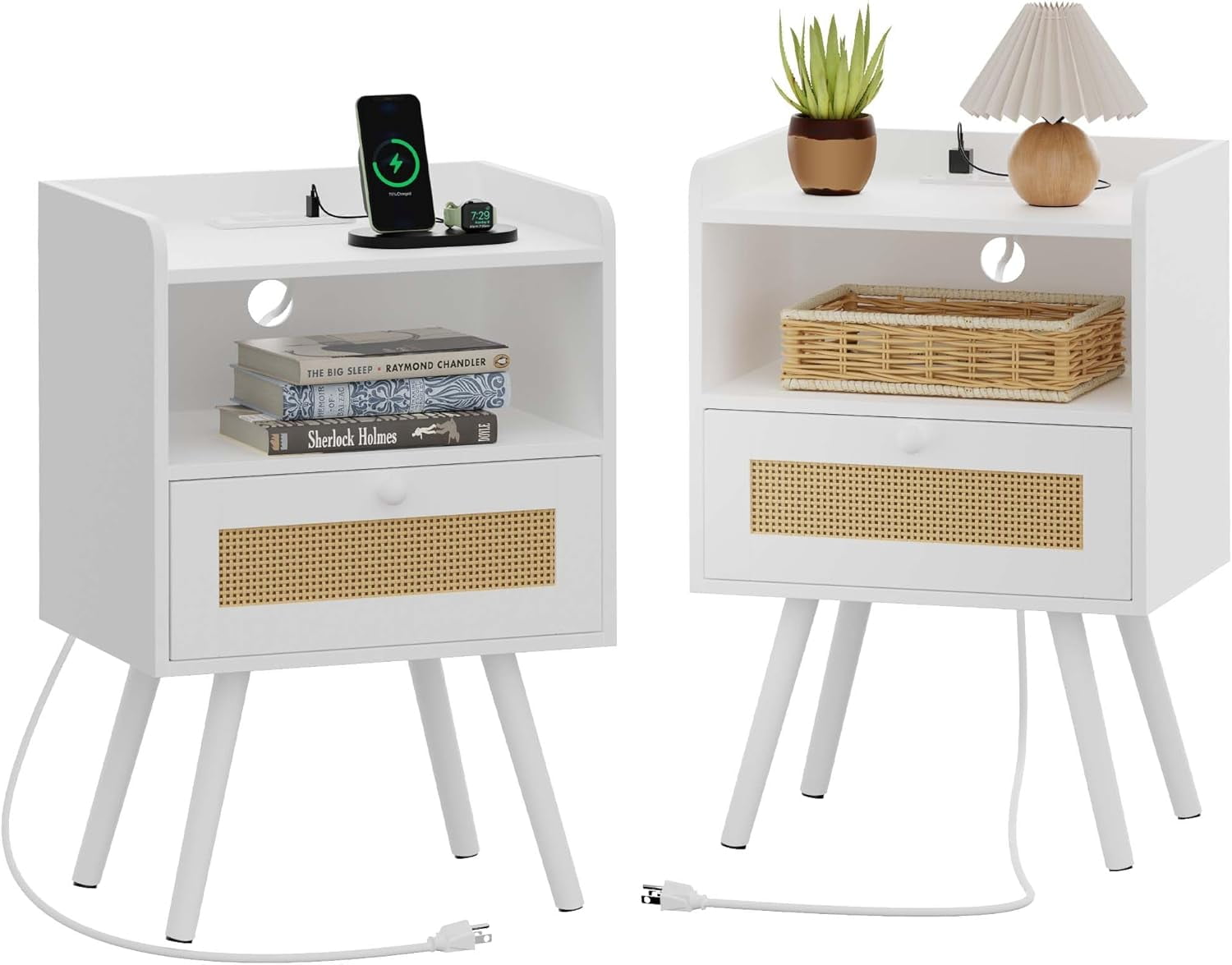 Nightstands Set of 2 Night Stands with Charging Station & PE Rattan ...