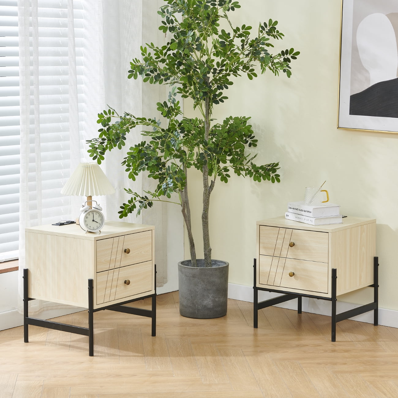 Nightstands Set of 2,Small Side Table With 2 Wood Drawers &Metal Shelf ...