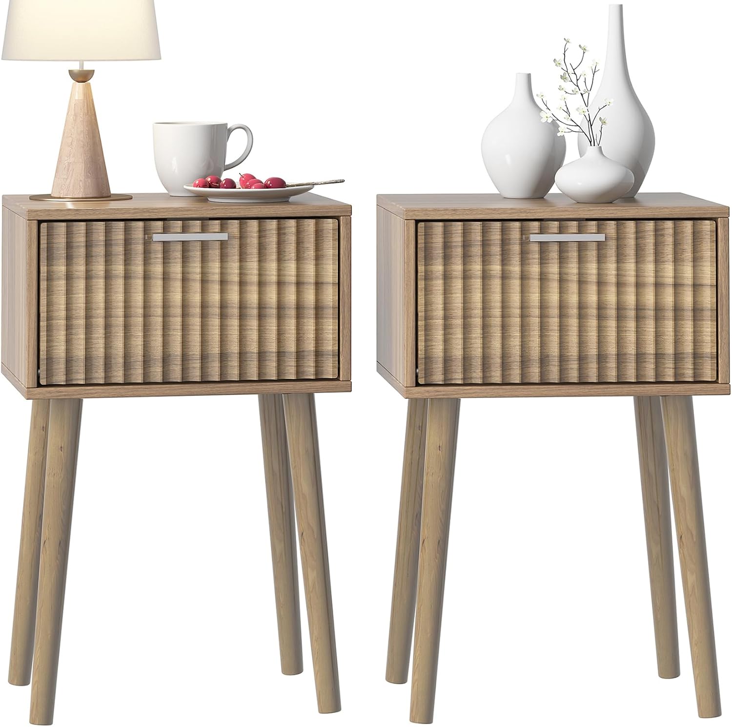 Nightstands Set of 2 Small Side Table Bedside Table with Fluted Door ...