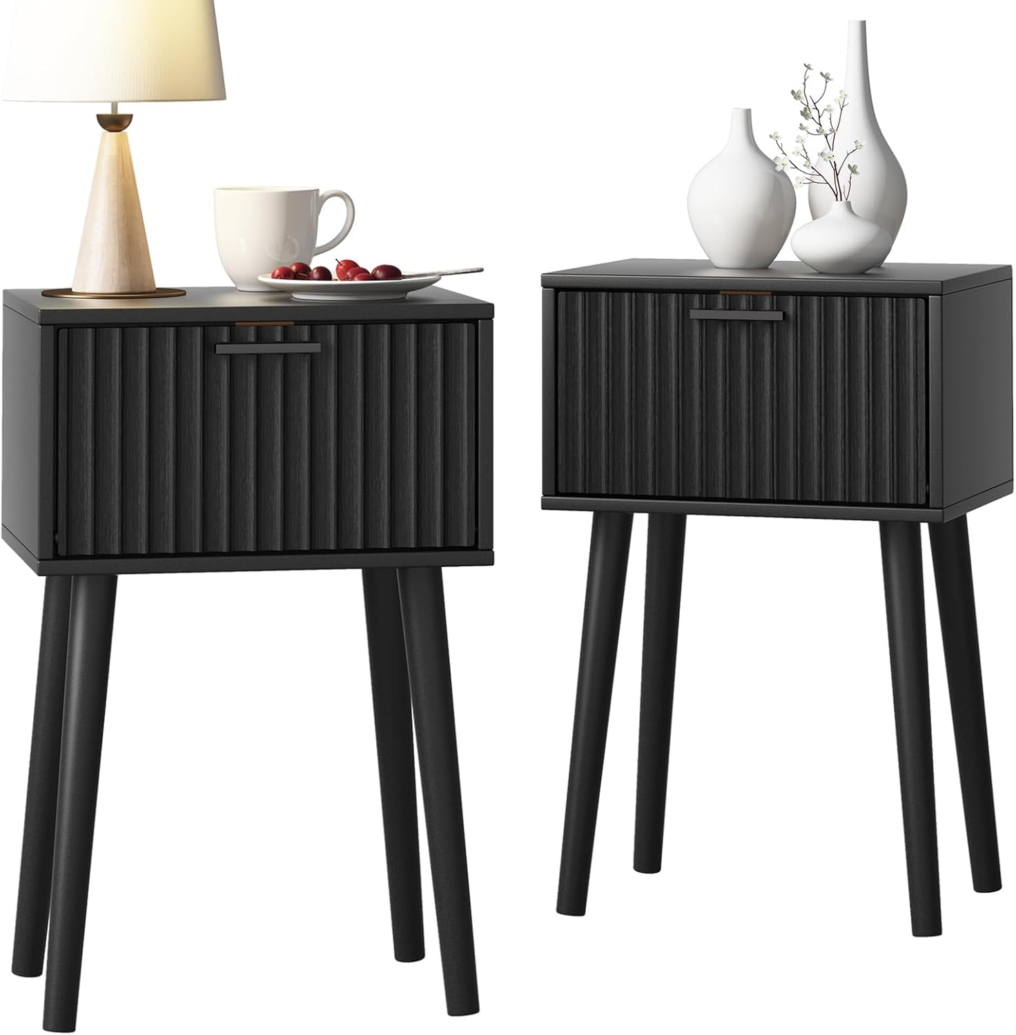 Nightstands Set of 2, Small Side Table, Bedside Table with Fluted Door ...