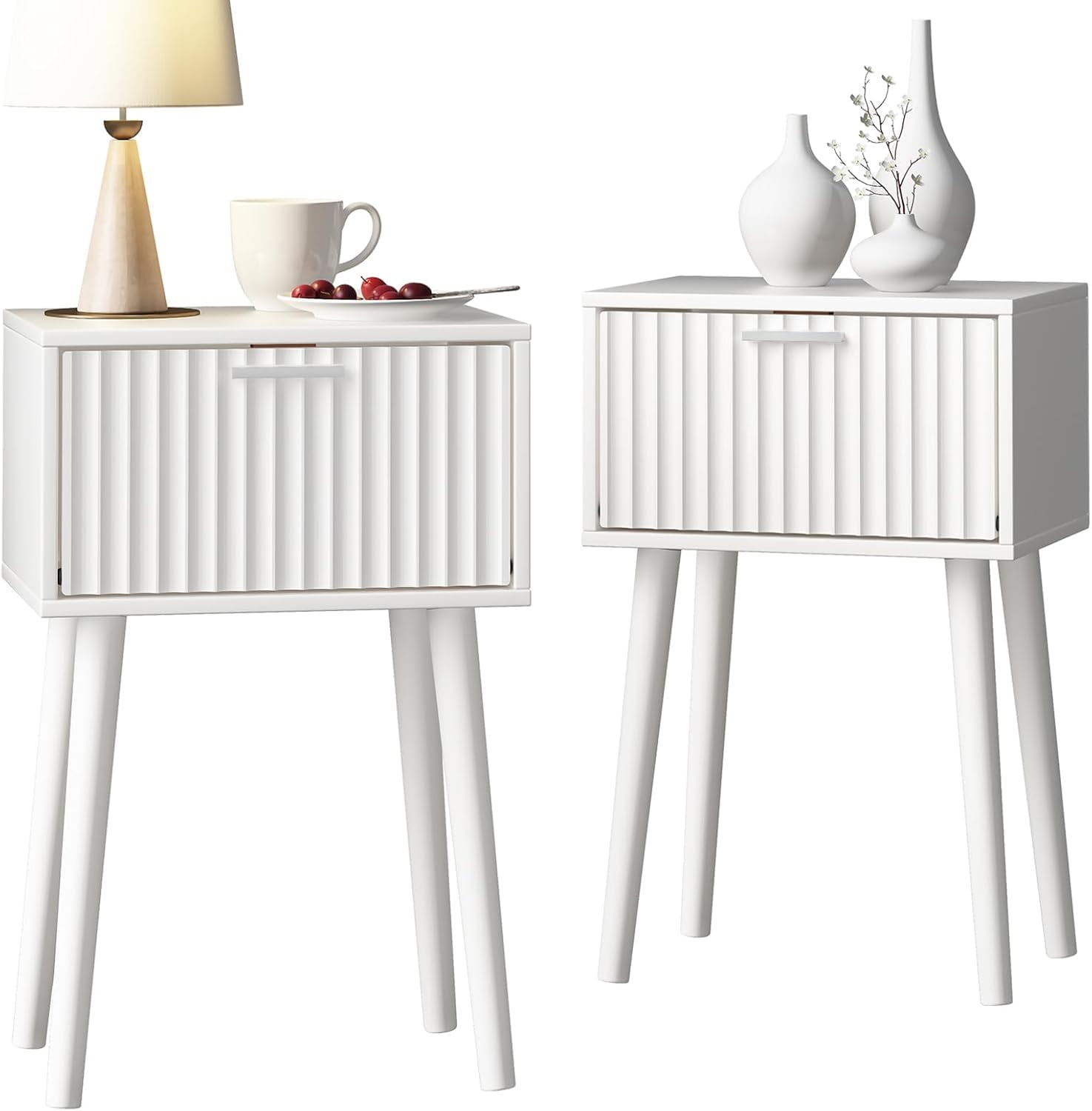 Nightstands Set of 2, Small Side Table, Bedside Table with Fluted Door ...