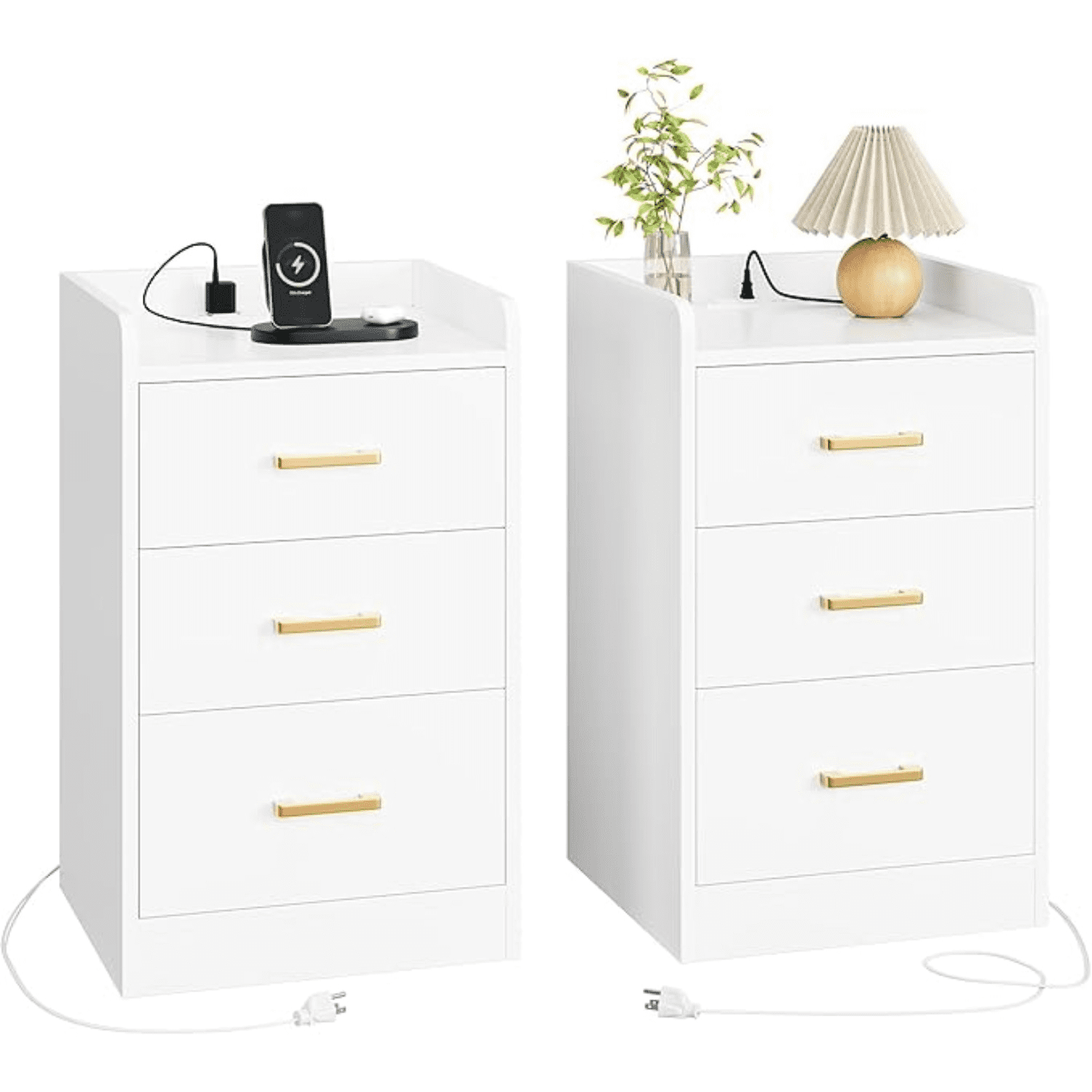 Nightstands Set of 2 White Nightstand with Charging Station, 3 Drawer ...