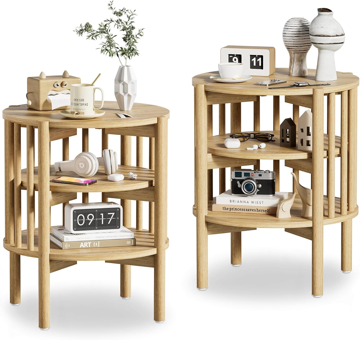 Nightstands Set of 2, Modern Nightstand with Open Storage, Round End ...